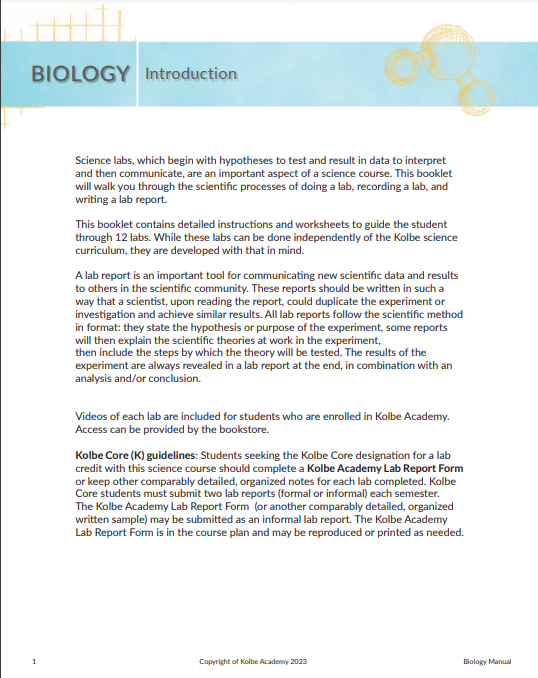Biology Lab Manual – Kolbe Academy Bookstore
